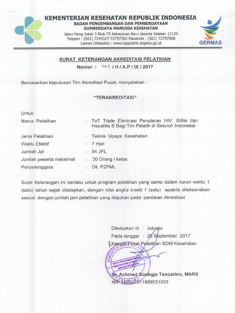 PSDM - Surat Keterangan Akreditasi Pelatihan 3 Eliminasi | PDF
