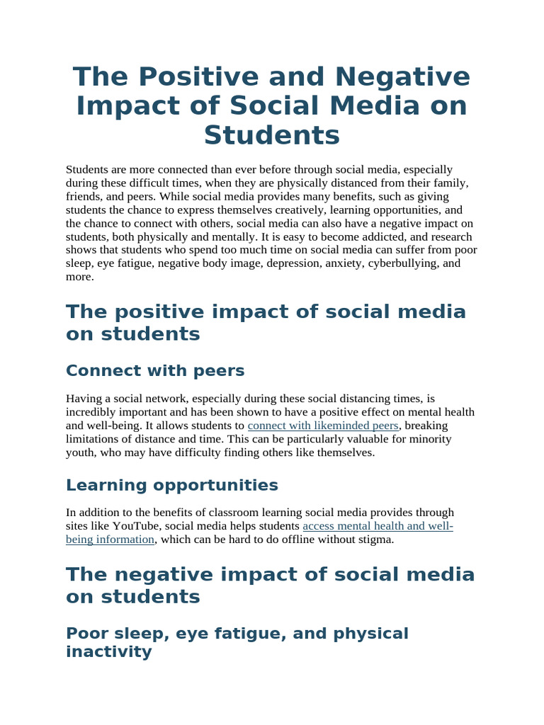 The Positive and Negative Impact of Social Media On Students | PDF