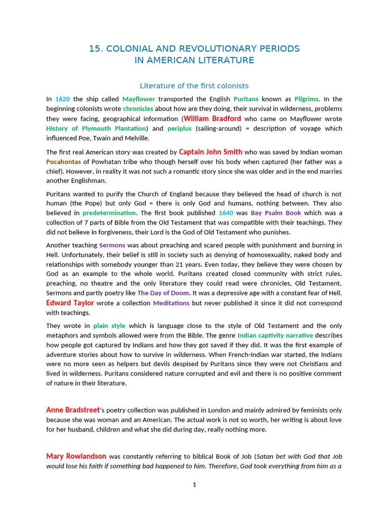 Colonial and Revolutionary Periods in American Literature | PDF