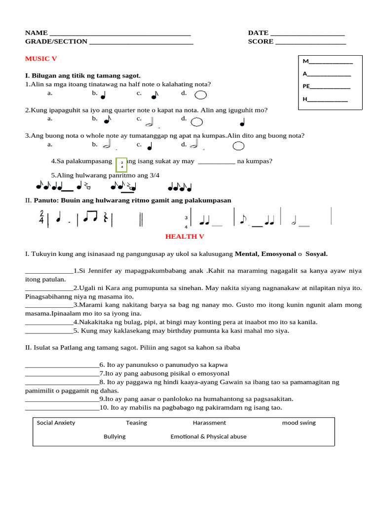 Quiz Mapeh Week 1-5 | PDF