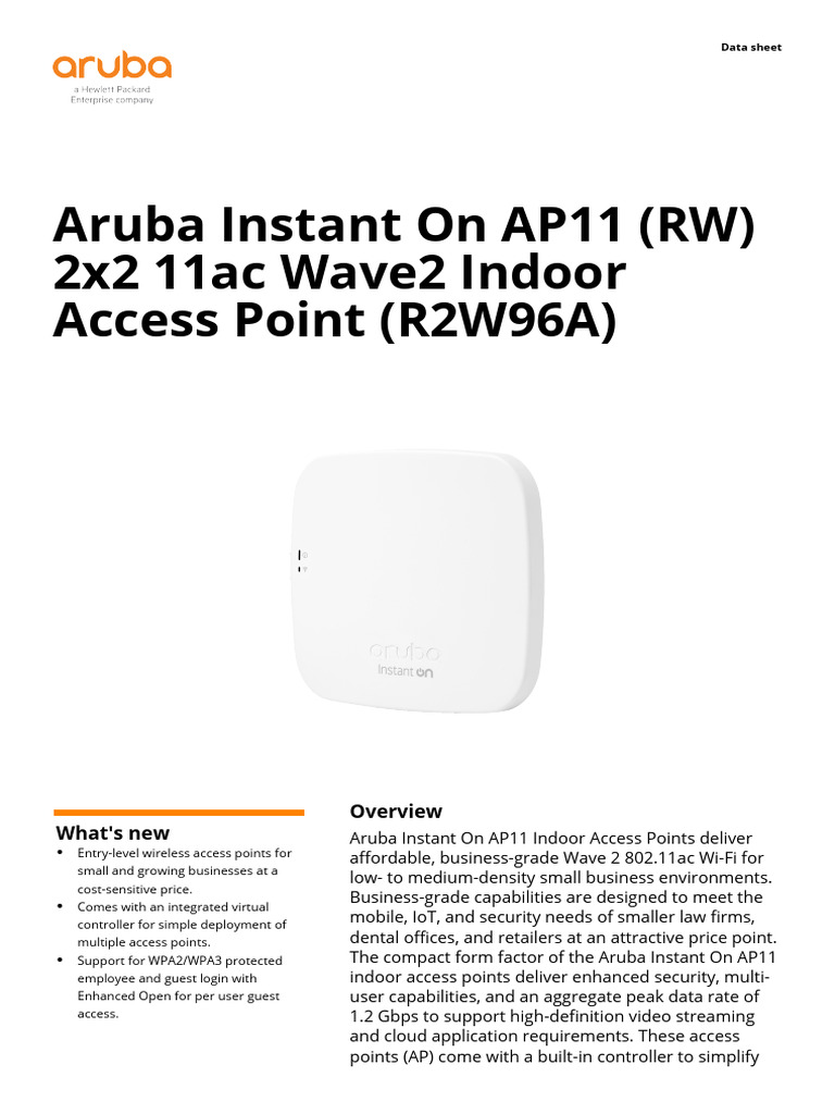Aruba Instant On AP11 (RW) 2x2 11ac Wave2 Indoor Access Point ...