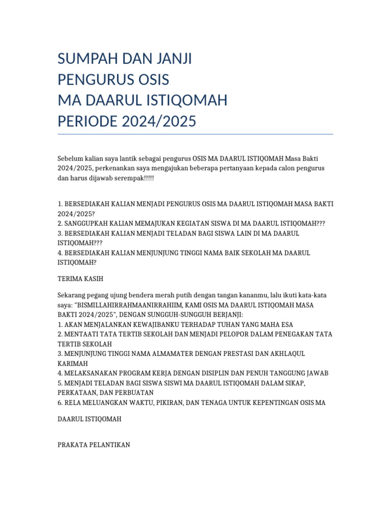 Sumpah Janji OSIS MA Daarul Istiqomah 2024 2025 | PDF