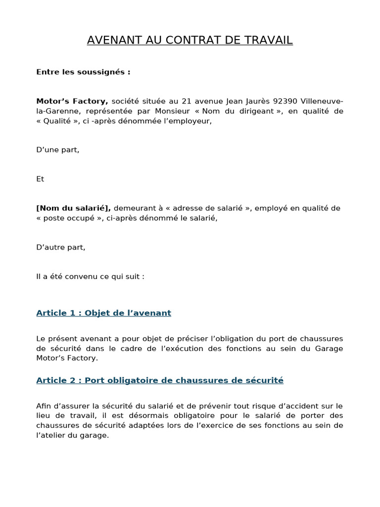 Avenant Au Contrat de Travail | PDF