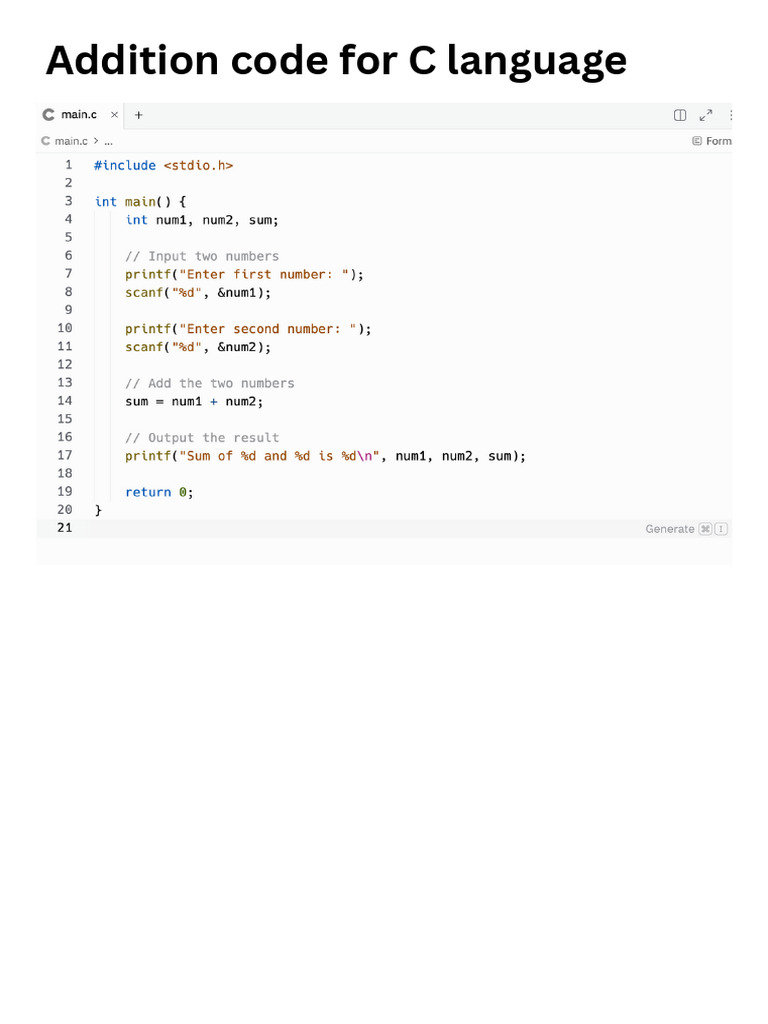 Addition Code For C Language | PDF