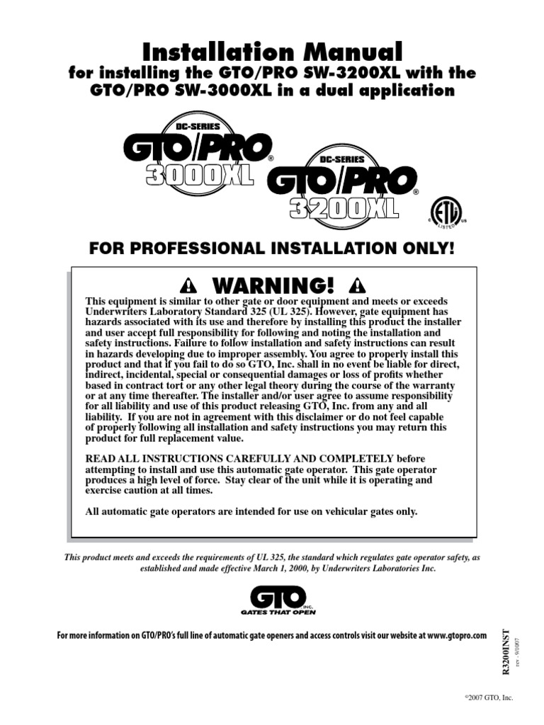 Gto Gate Opener Gate Operator Manual Pro3200xl | PDF