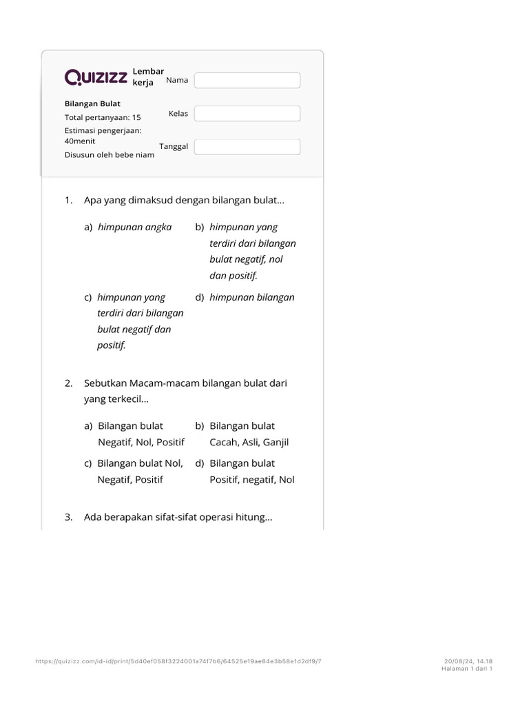 Quis - Bilangan Bulat | PDF