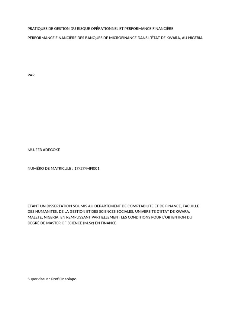 PRATIQUES DE GESTION DU RISQUE OPÉRATIONNEL ET PERFORMANCE FINANCIÈRE | PDF