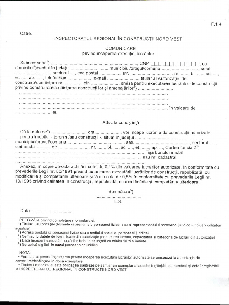 Cerere de Incepere A Lucrarilor - F14 Fisa Sintetica | PDF
