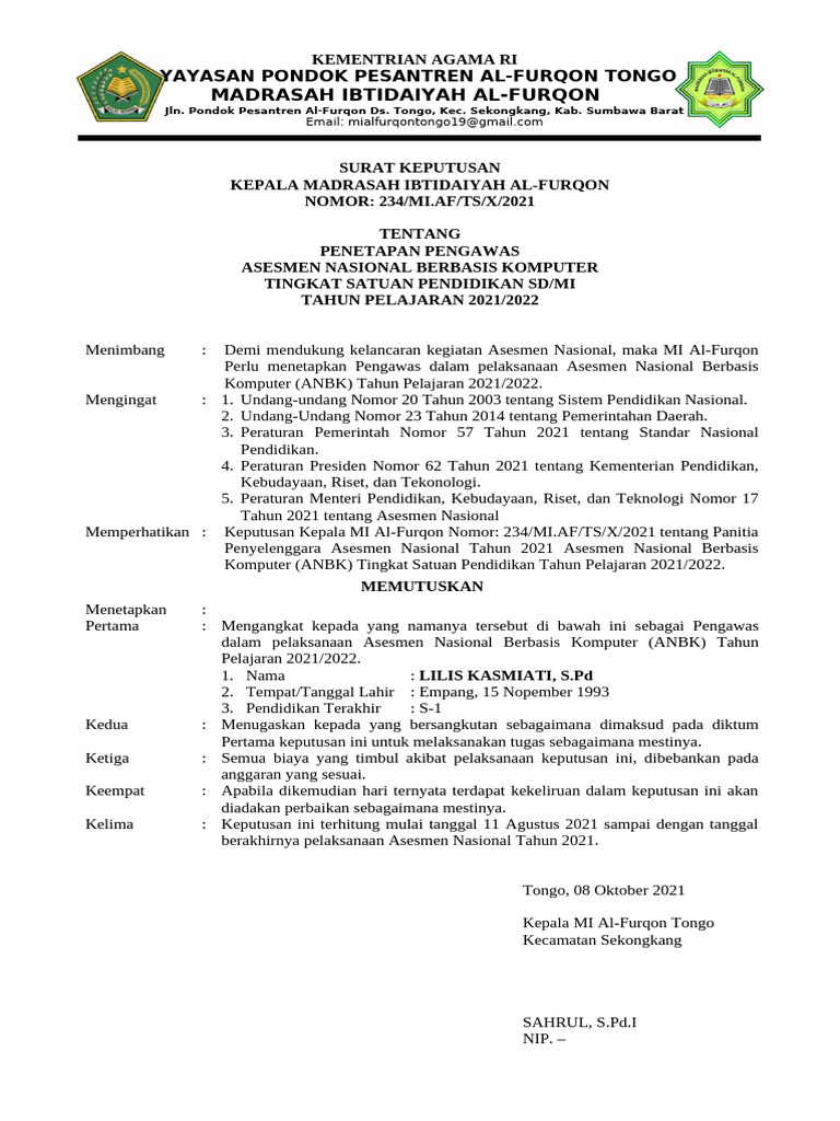 SK Pengawas ANBK Tahun 2021 Tingkat Satuan Pendidikan | PDF