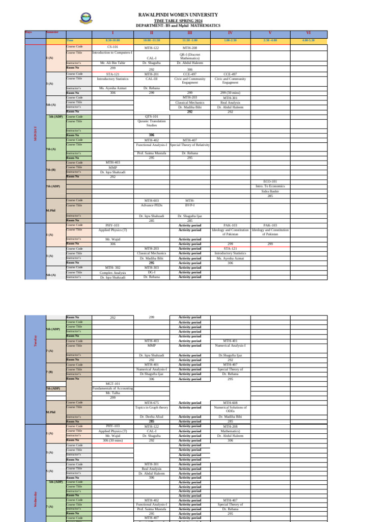 Time Table Math-Fall 2024-26 Sep | PDF