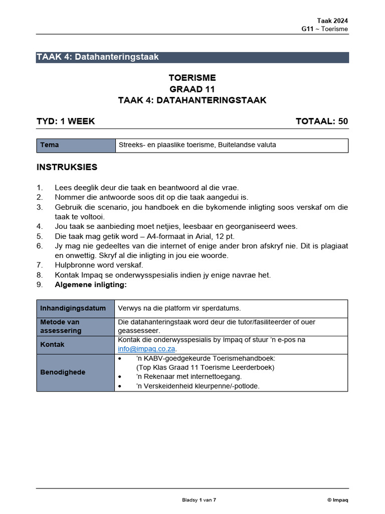 Toerisme Graad 11 Taak 4: Datahanteringstaak Tyd: 1 Week Totaal: 50 | PDF