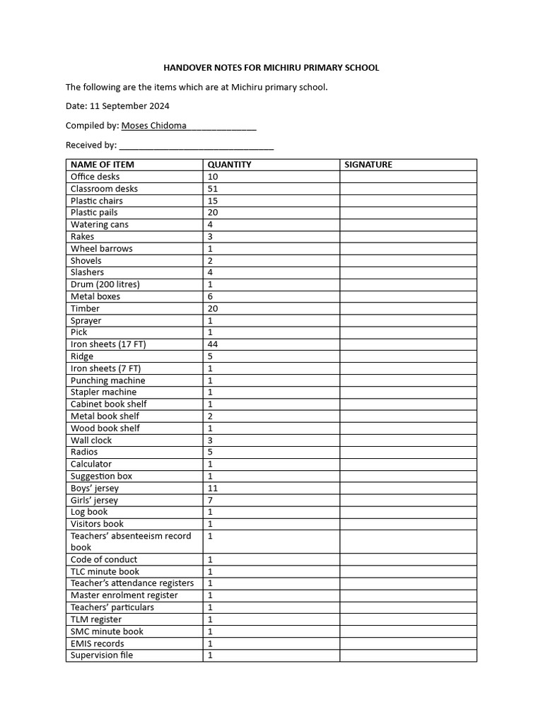 Handover Notes For Michiru Primary School | PDF