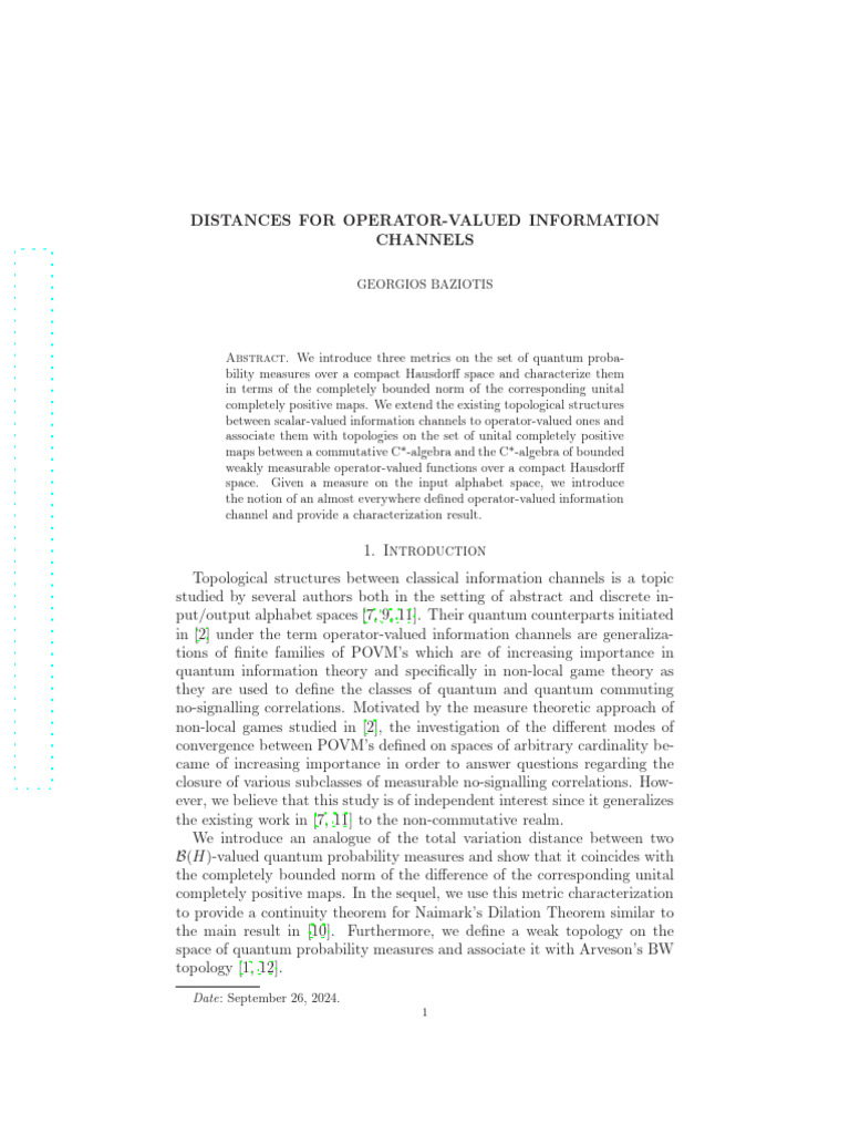 Distances For Operator-Valued Information Channels: Abstract | PDF