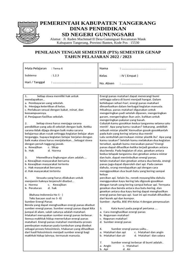 Soal PTS Tema 6 SMT Genap | PDF
