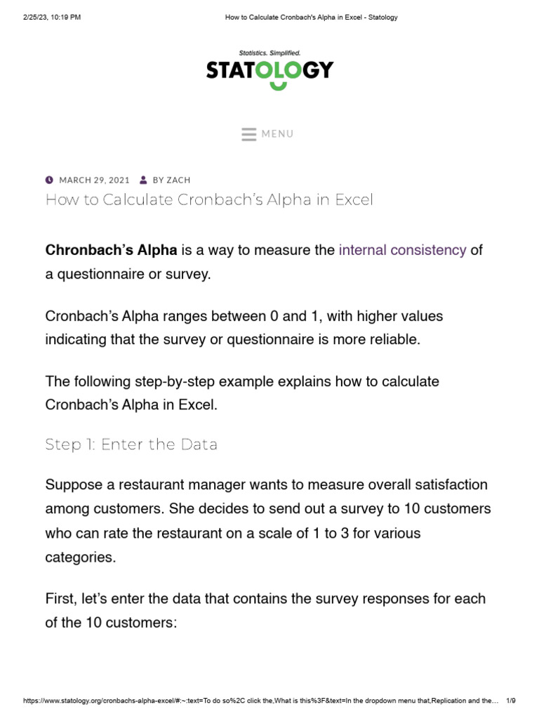 How To Calculate Cronbach's Alpha in Excel - Statology | PDF