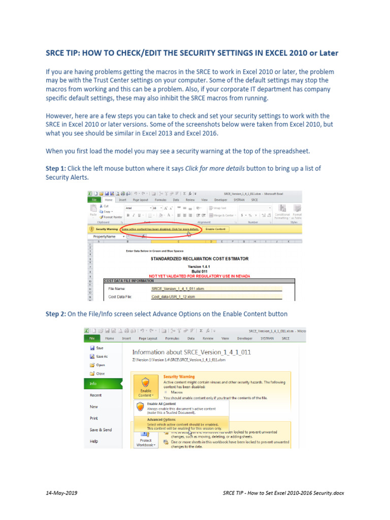SRCE TIP - How To Set Excel 2010-2016 Security | PDF