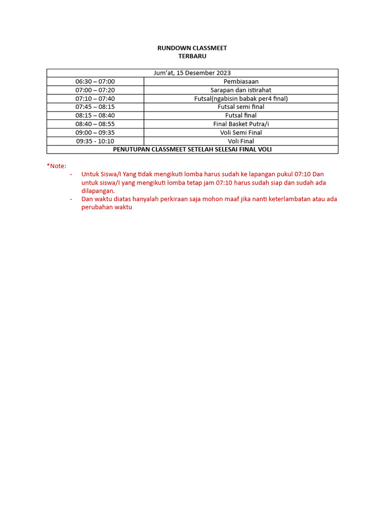 Rundown Classmeet 2023 New-1 | PDF