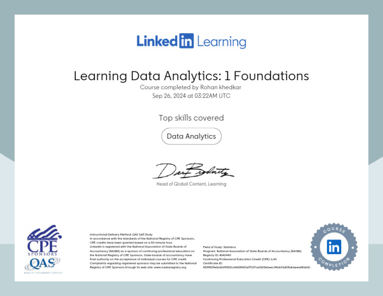 CertificateOfCompletion_Learning Data Analytics 1 Foundations | PDF