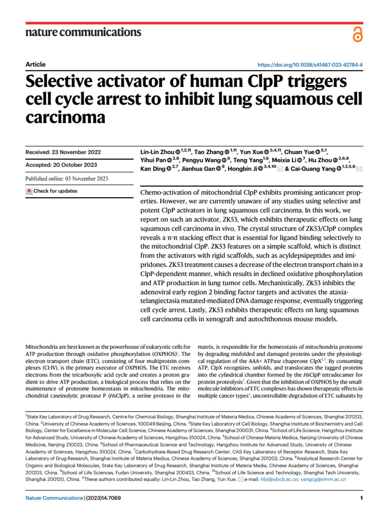 Selective Activator of Human CLPP Triggers Cell Cycle Arrest To Inhibit ...