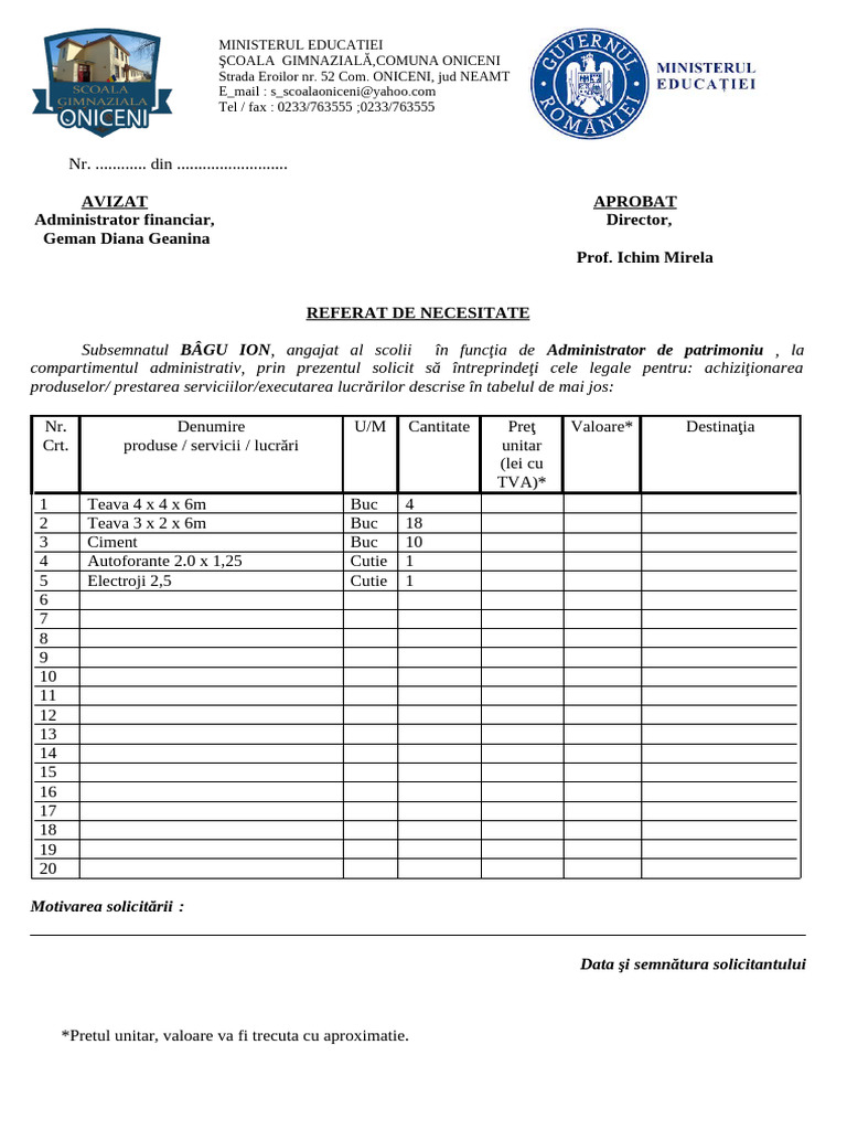 Model Referat de Necesitate | PDF