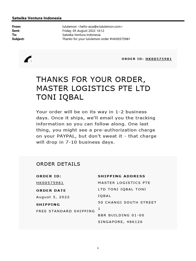 Thanks For Your Lululemon Order #HK00575981 | PDF