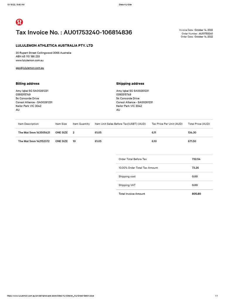 Lululemon Invoice No AU01753240-106814836 | PDF