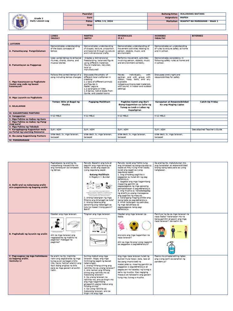 q4 Week1 DLL Mapeh 2 | PDF