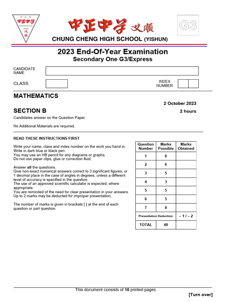 CCHY 1E EOY 2023 Section B - Question Paper | PDF