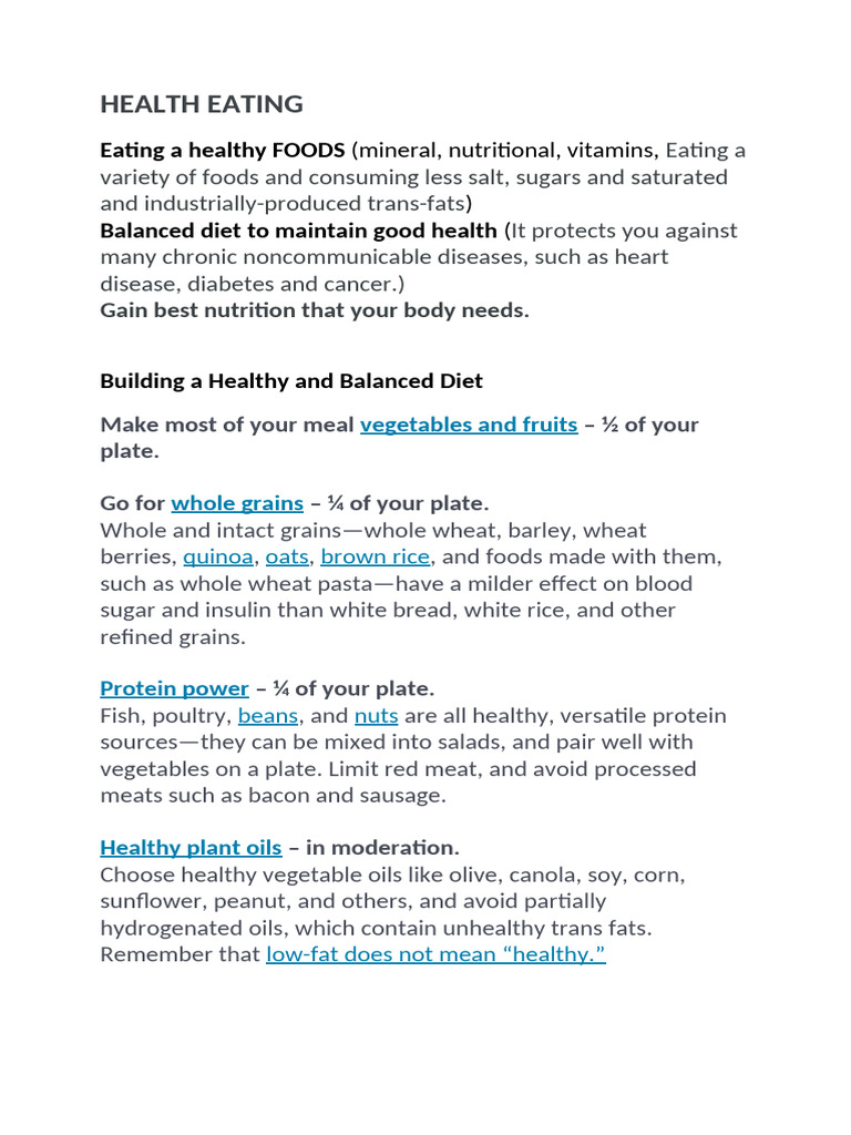 A Healthy Diet Is Essential For Good Health and Nutrition | PDF