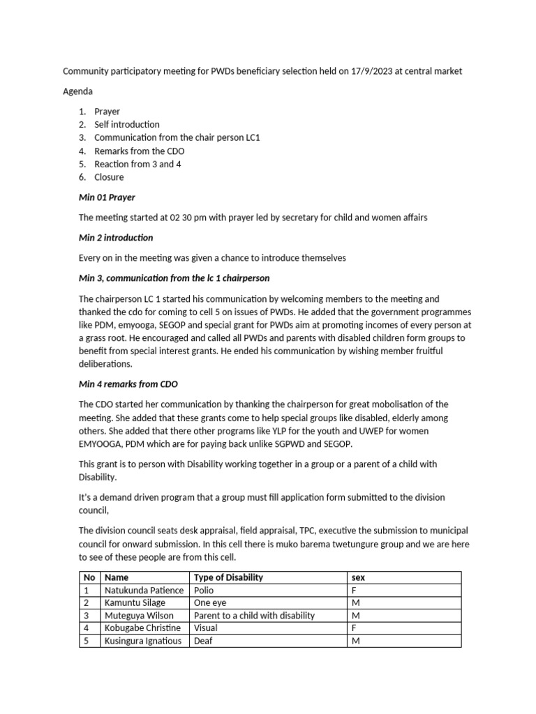 Community Participatory Meeting For PWDs Beneficiary Selection Held On ...