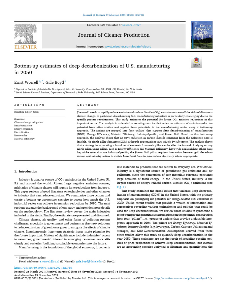 Bottom-Up Estimates of Deep Decarbonization of U.S. Manufacturing | PDF