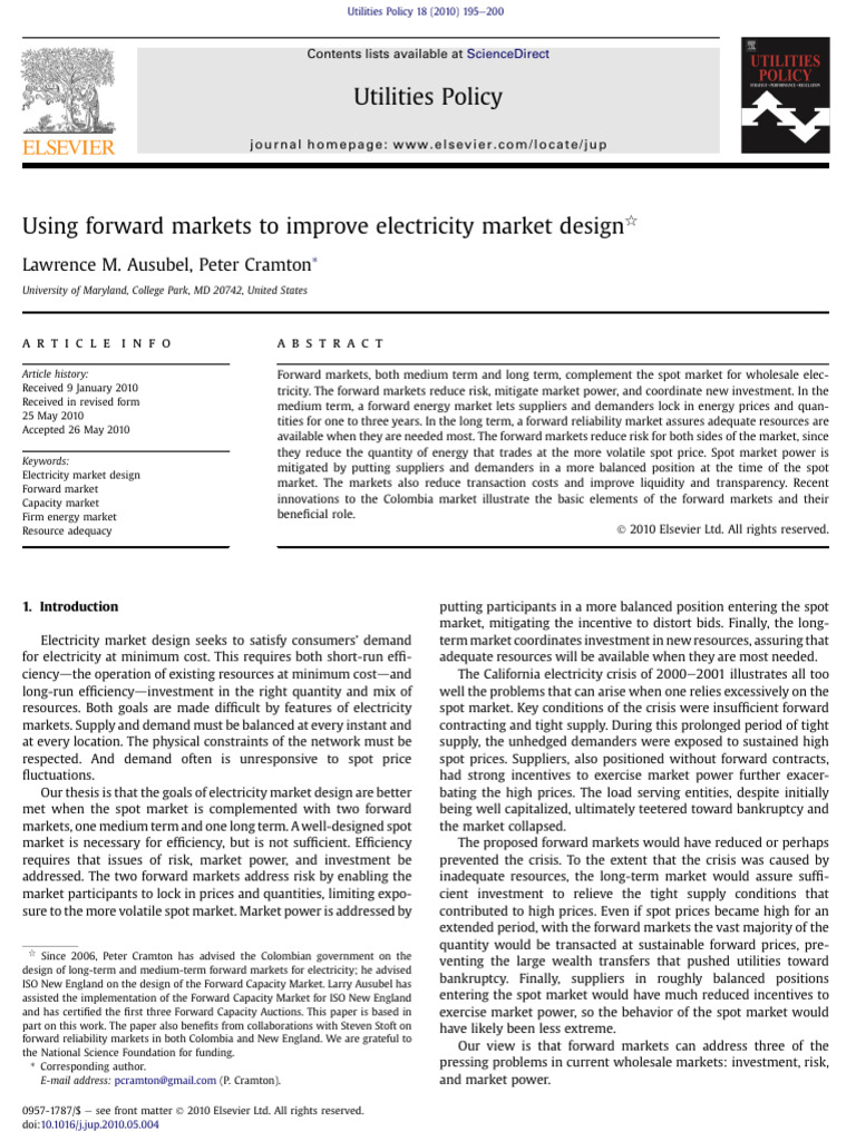 Ausubel Cramton Forward Markets in Electricity | PDF