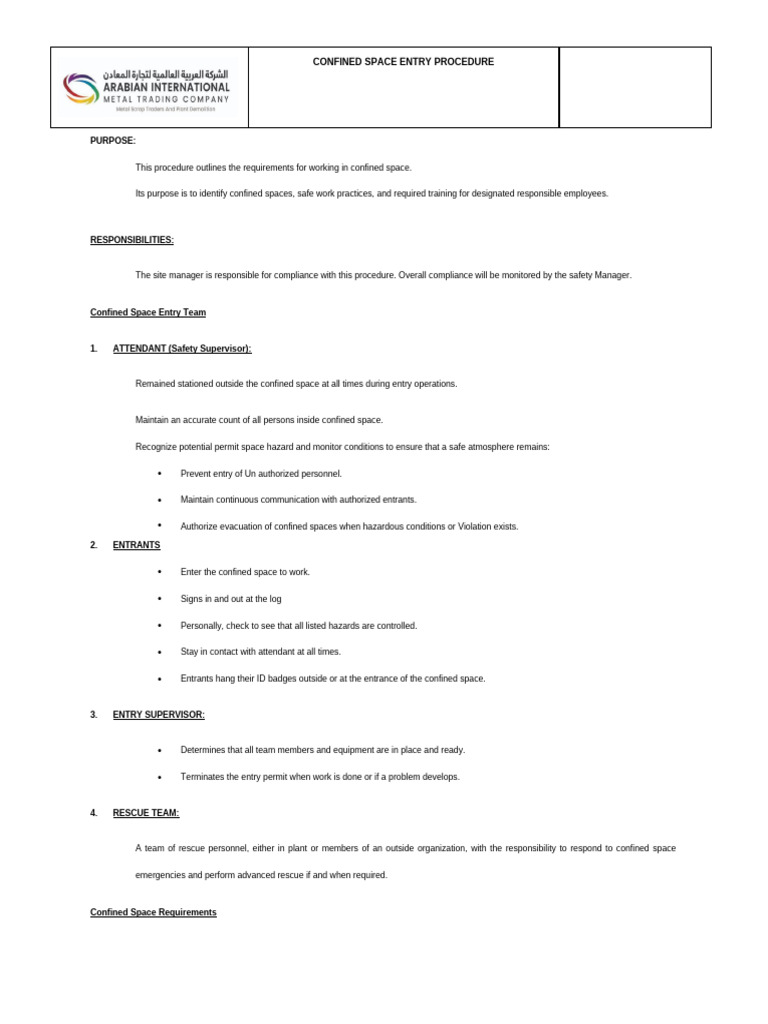 HSE Procedure For Confined Space Entry Procedure | PDF