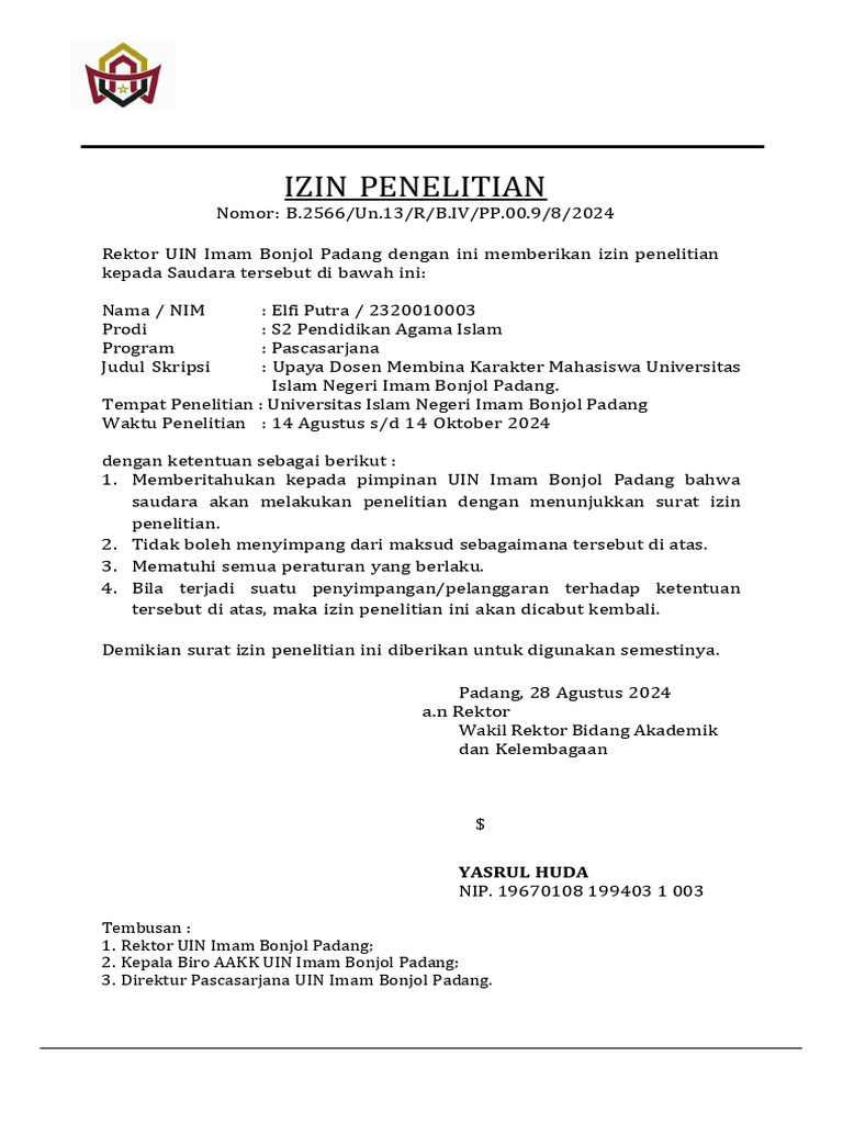 Suket Izin Penelitian Elfi S2 | PDF