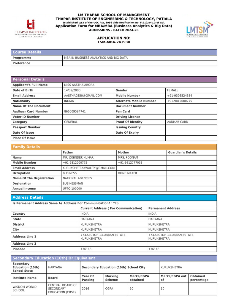 Application Form TSM MBA 241930 | PDF