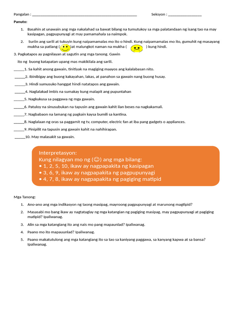 COT1 Word Activity Kasipagan | PDF