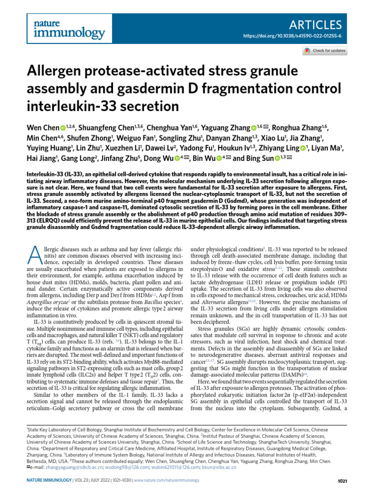 Allergen Protease-Activated Stress Granule Assembly and Gasdermin D ...