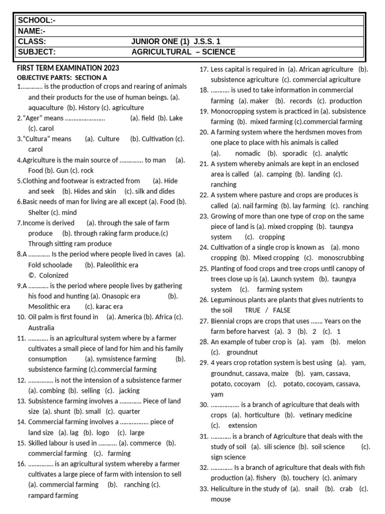 Agric Sci Marking Guide JS1 Exam 1ST Term | PDF