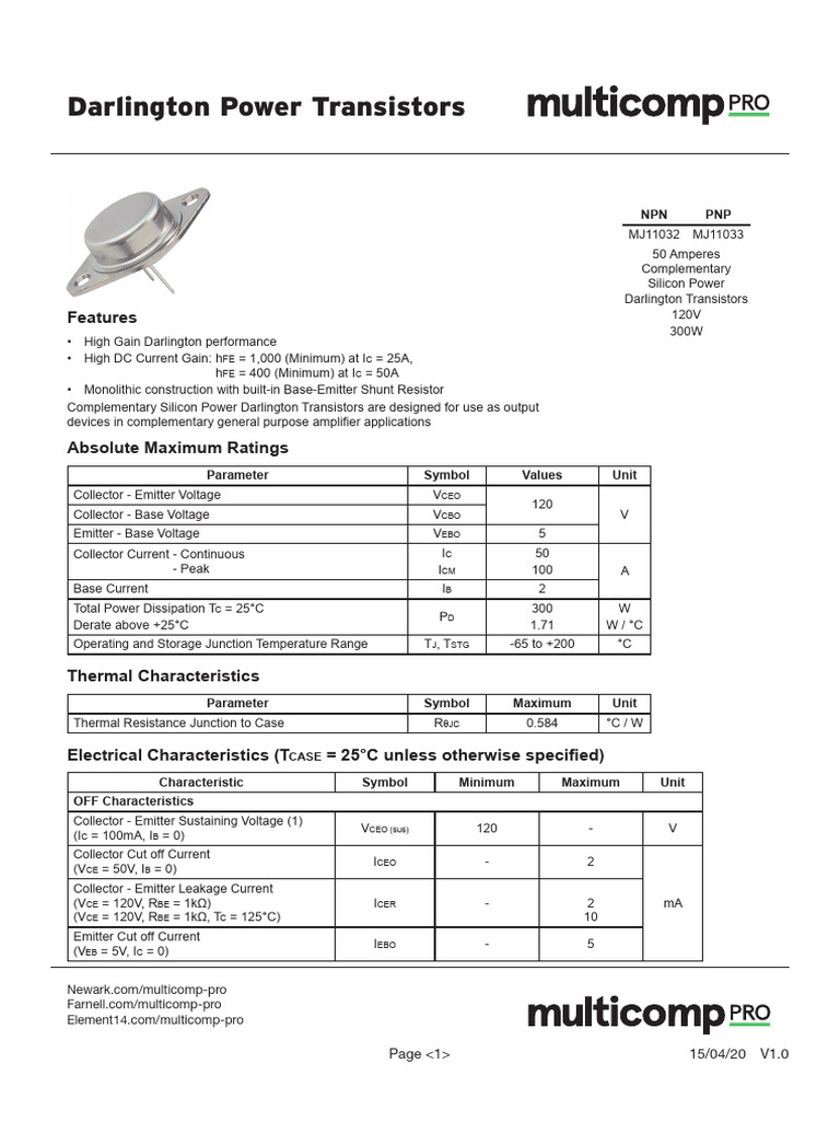 Darlington Power Transistors: Features | PDF