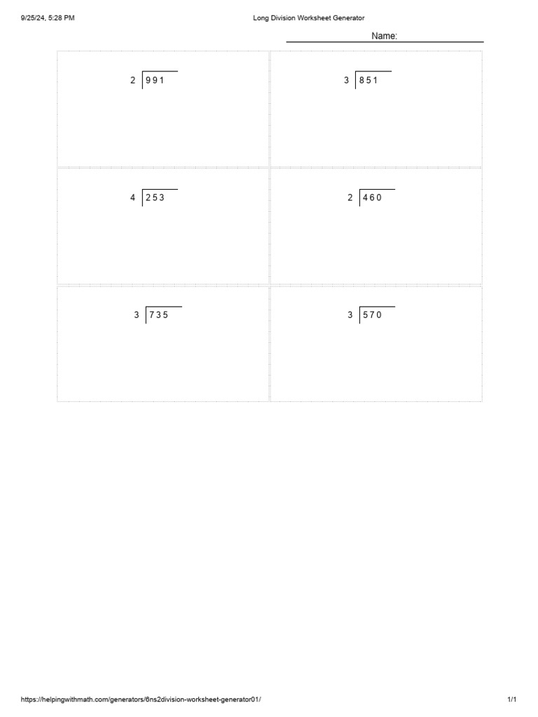 Long Division Worksheet Generator - Common-Core Math | PDF