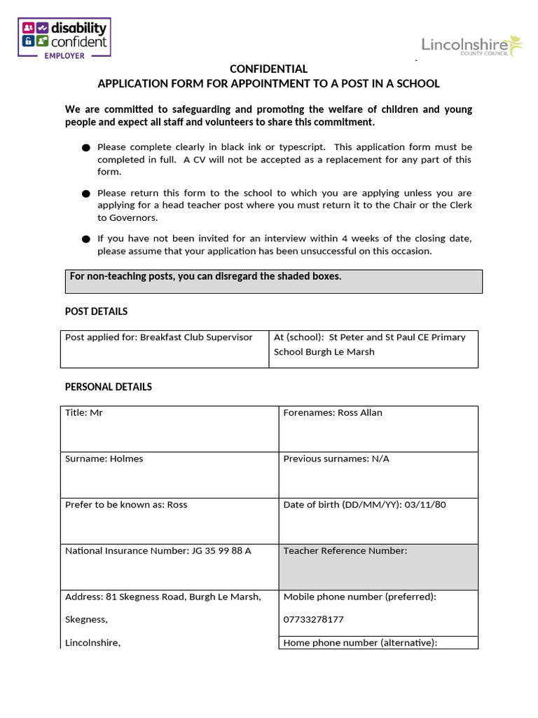 Ross Holmes Breakfast Club Supervisor Application Form Completed | PDF