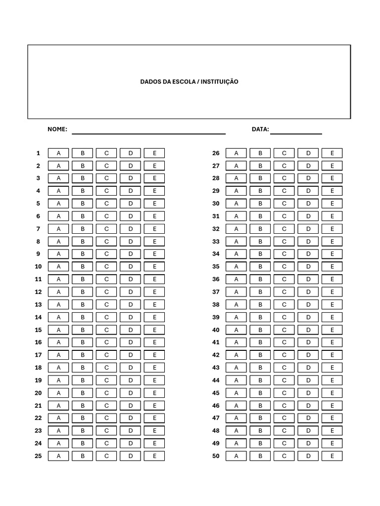 Modelo de Gabarito Com 50 e 100 Questoes | PDF
