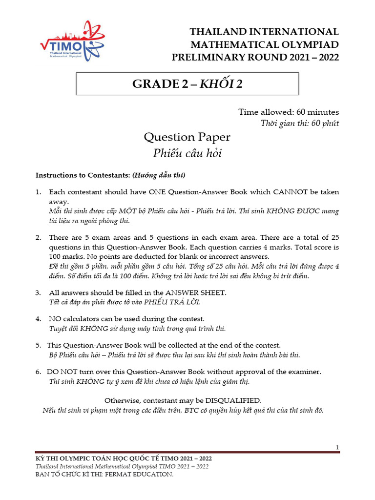 TIMO Grade 2 Preliminary Round 2021-2022 | PDF | Mathematics