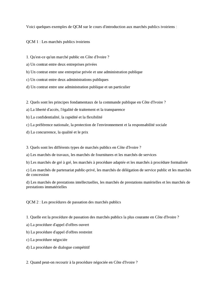Voici Quelques Exemples de QCM Sur Le Cours Intro Au Marchés Publics | PDF