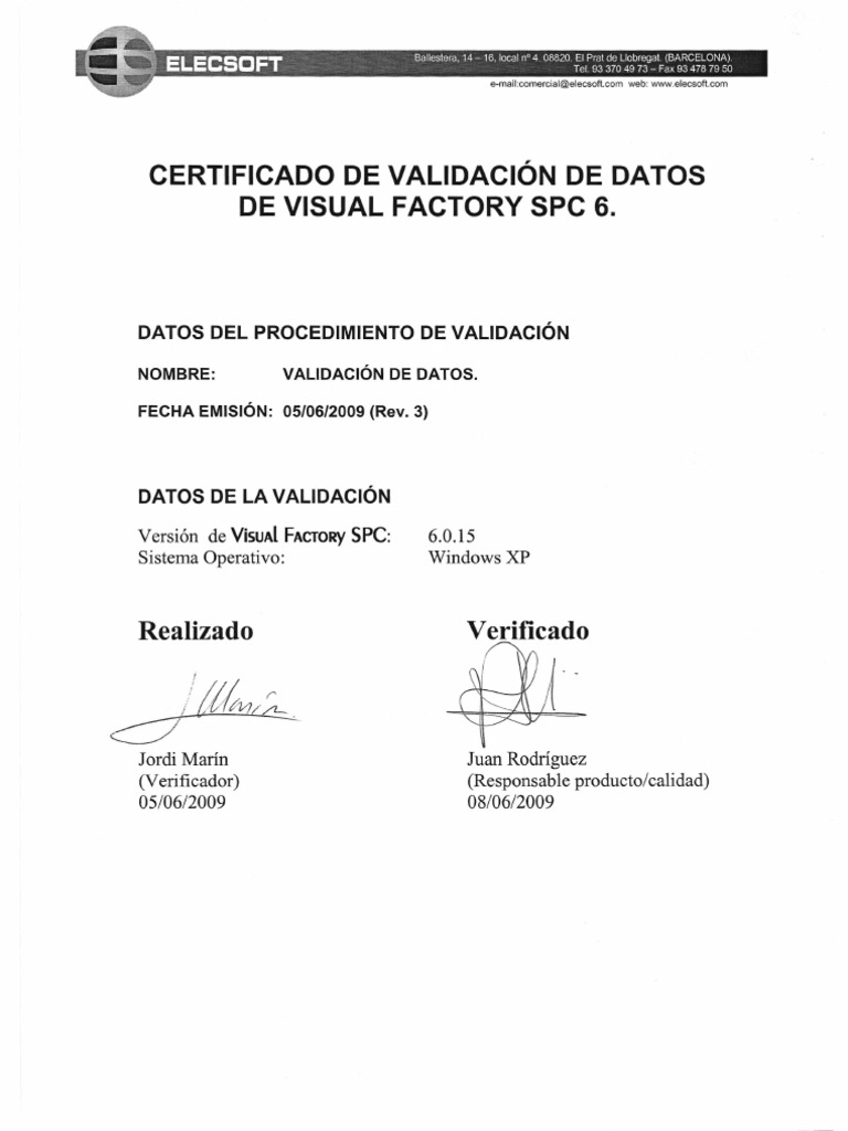 Certifica Validación Datos Visual Factory SPC 6 | PDF
