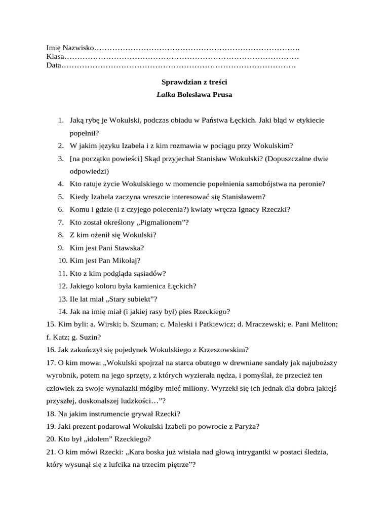 Sprawdzian Lalka - Wersja Do Druku | PDF