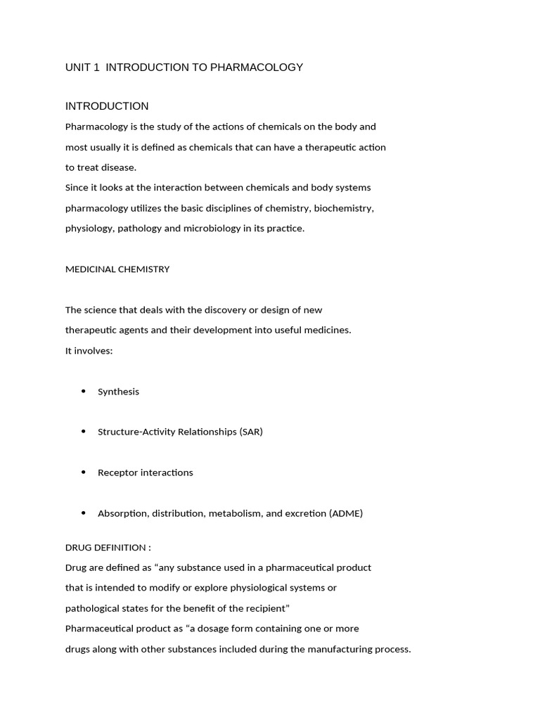 Unit 1 Intro To Pharmacology | PDF