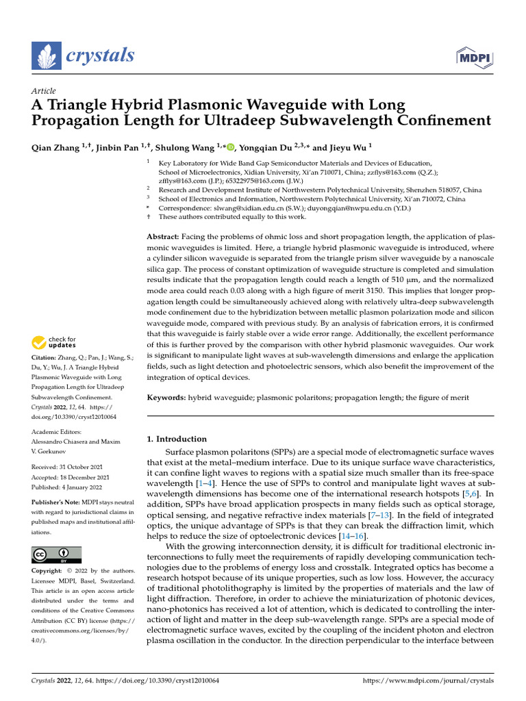 A Triangle Hybrid Plasmonic Waveguide With Long Propagation Length For ...