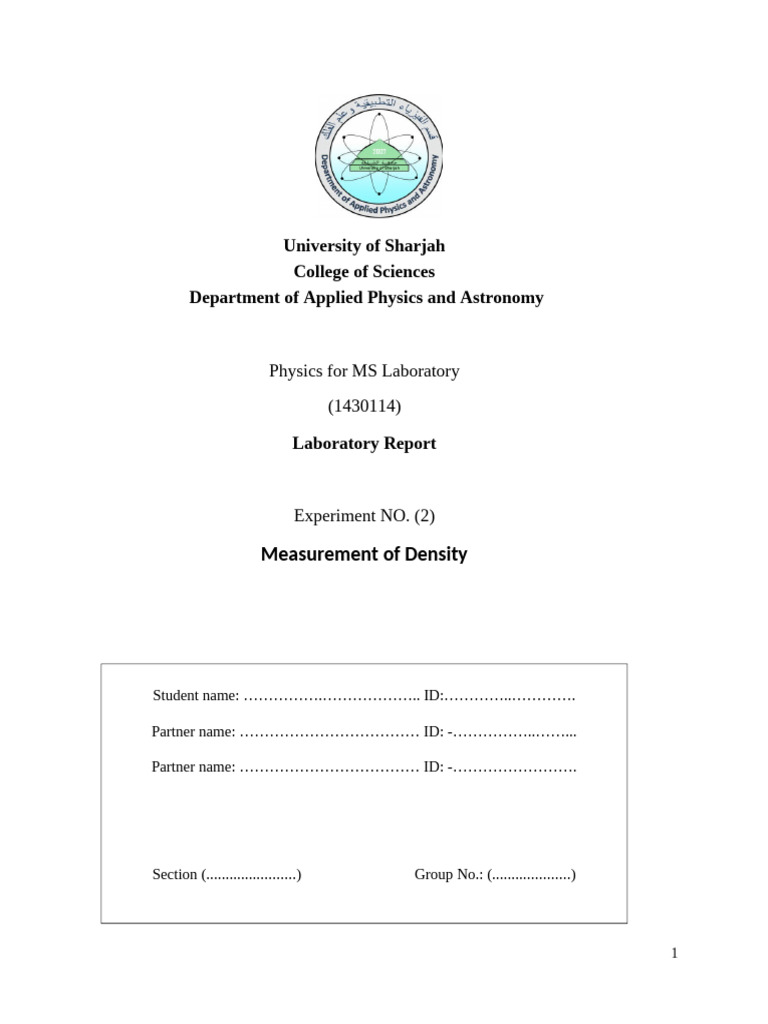Measurement of Density PMSL (Lab Report) (1) 2 | PDF