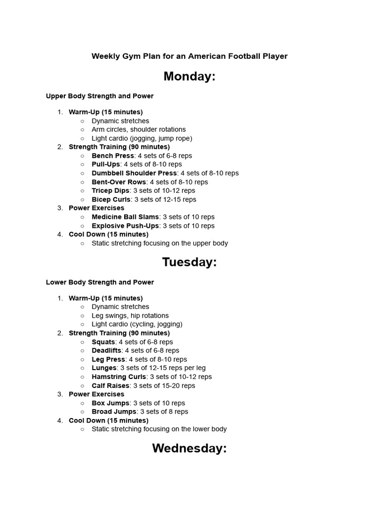 Weekly Gym Plan For An American Football Player | PDF
